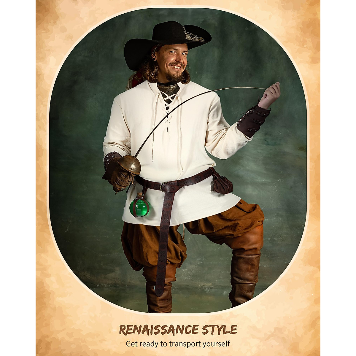 Ramede 6 Pcs Men's Renaissance Costume Set Medieval Pirate Shirt Leather Arm Guards Viking Belt Medieval Bag Accessories(X-Large)