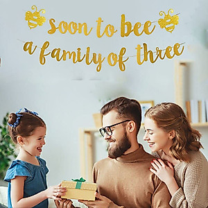 KUNGOON Soon To Bee a Family of three Banner, Gold Glitter Welcome Baby Party Paper Banner,Bumble Bee Theme Baby Shower/Mommy to Bee/Daddy to Bee Party Supplies Decoration(Gold).