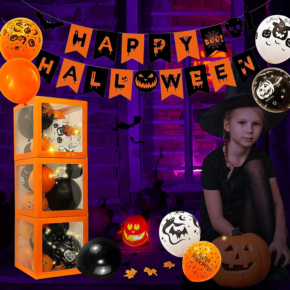 128 Pcs ​Halloween Party Decorations, Halloween Party Supplies - Halloween Balloon boxes, String Light, "HAPPY HALLOWEEN" Banner, "BOO" Banner, Multi Balloons, Bat Decor, Spider Wed