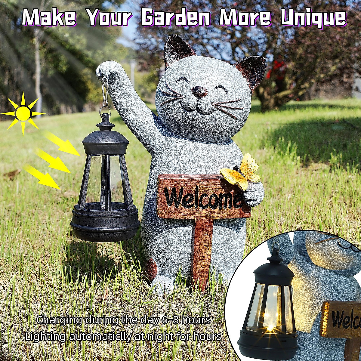 Juegoal Garden Statue Solar Cat Figurine with LED Lantern, 10" Tall Resin Kitten Hold Welcome Sign Yard Art, Outdoor for Whimsical Lawn Porch, Lighted Housewarming Birthday Gifts for Mom Grandma