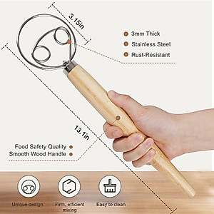 Dkoyied Danish Dough Whisk Large Bread Whisk 13 Inches Premium Stainless Steel Dough Whisk Traditional Dutch Style Bread Dough Whisk, Whisking Tool with a Cleaning Brush