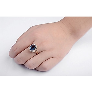 Rose Gold Plated Oval Shaped Ring with Sapphire Blue Swarovski element Crystal and Clear Round Shaped Cubic Zirconia Fashion Jewelry for Women (6.5)