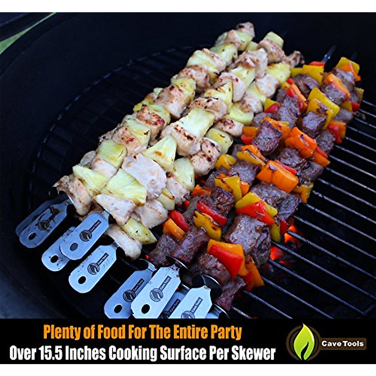 Cave Tools Skewers Set - 10 Stainless Steel Wide BBQ Kebob Sticks for BBQ Grill - Flat Metal with Food Remover Disc - BBQ Accessories, 17.3 Inch