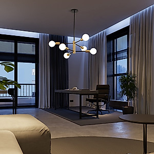 KAISITE Modern Sputnik Chandelier - 6 Light Chandelier Light Fixture Height Adjustable Mid Century Ceiling Chandelier Plating Finished Black and Gold Chandelier for Kitchen Bedroom and Foyer