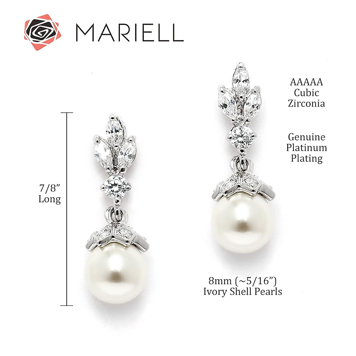 Mariell Petite Pearl Drop Wedding Earrings, 8MM Ivory Shell Pearls, Cubic Zirconia Crystal and Pearl Earrings for Brides, Bridesmaid, Prom and Mother of the Bride
