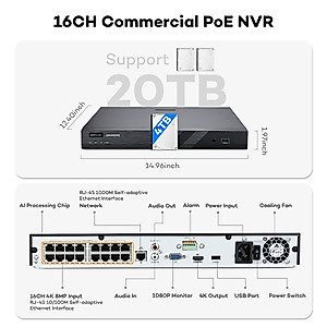 ONWOTE 16 Channel 4K NVR PoE Security Camera System, 12x 6MP 122° Outdoor Audio IP Cameras AI Detect Human Vehicle, 16CH Business NVR 4TB, 16CH Synchro Playback, 100ft 60ft Cable, Commercial CCTV