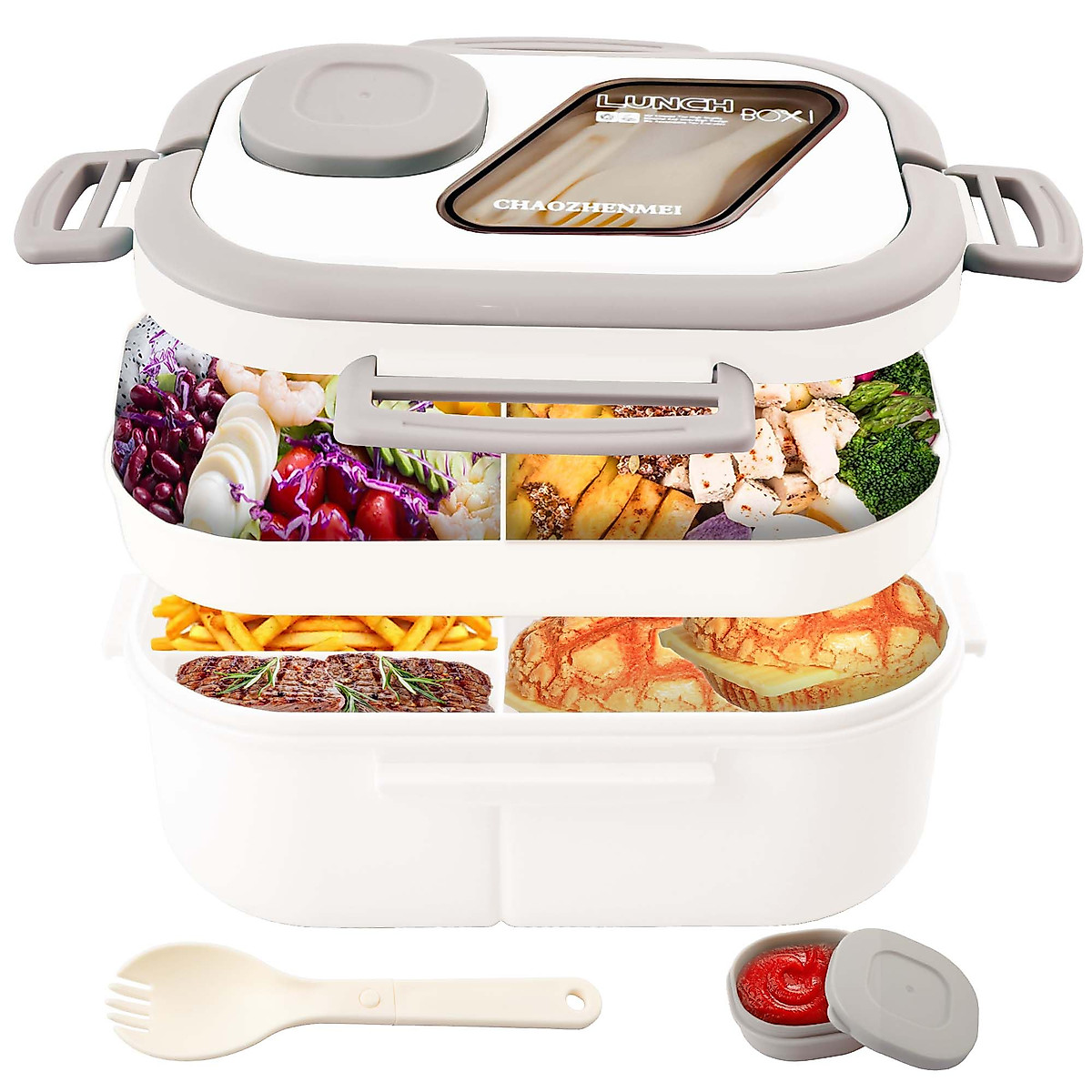 Tinaforld Adults Bento Lunch Box,Salad Container Large 43oz Salad Bowl, Bento-Style Tray for Toppings, 3oz Sauce Container for Dressings, and Built-In Reusable Fork (White)