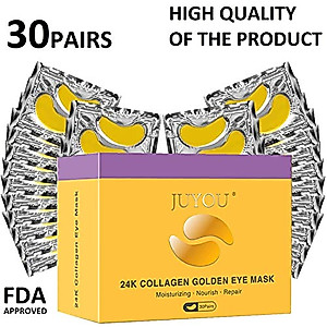 JUYOU 30Pairs 24K-Gold Collagen Eye Mask, Eye Pads, Eye Patch For Anti-wrinkles, Puffy Eyes, Dark Circles, Fine Lines Treatment, Gel Eye Pads, Under Eye Patches (Gold)