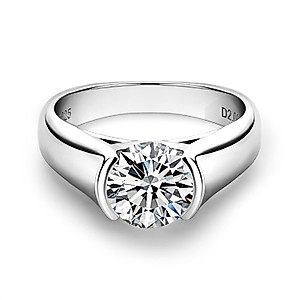 CannyCat 2 Carat Moissanite Half Bezel Set Ring for Women Platinum Plated Silver D color VVS 8 mm Moissanite Diamond Solitaire Engagement Promise Band (5.5)