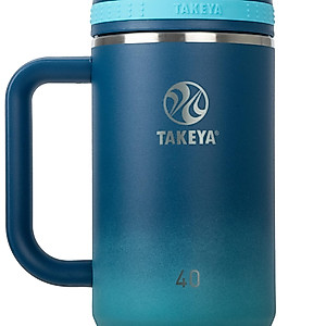 Takeya Straw Tumbler with Handle - Beverage Tumbler for Coffee, Water & More - Durable Tumbler with Built-In Silicone Coaster & 2 Straws - Double Stainless Steel Insulation - 40 oz, Ombre Adventure