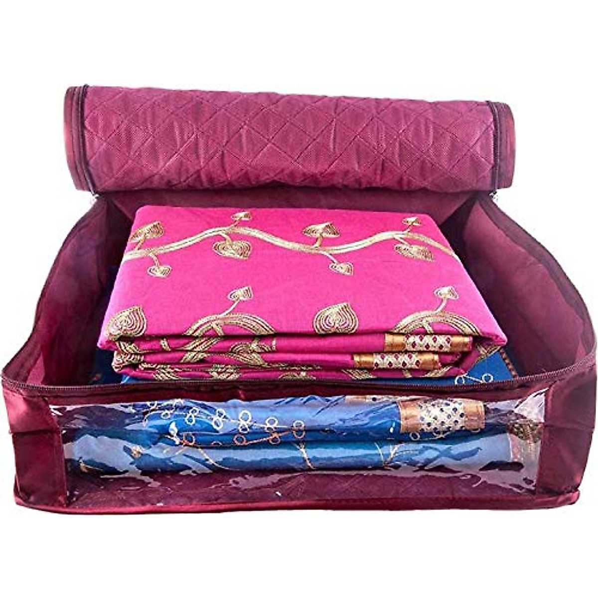 Fashion Bizz Saree Cover Set of 10 Large Maroon Satin/Wardrobe Organiser/Clothes Bag