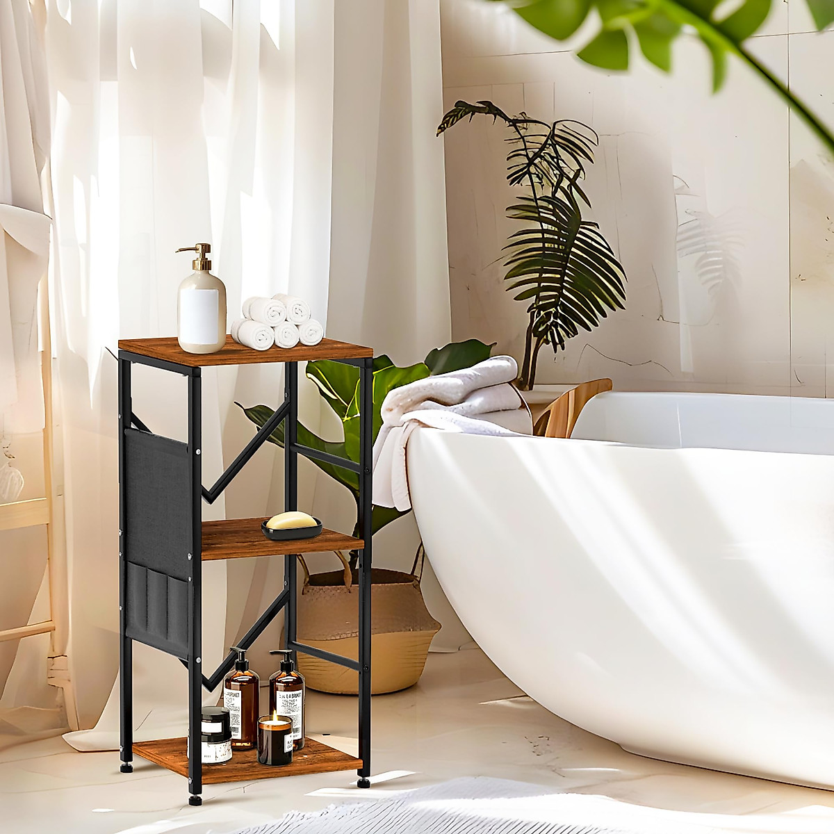 Small Side Table Narrow End Table, Nightstand Tall Side Tables for Small Spaces, 3 Tier Storage Shelves Couch End Tables for Living Room, Bedroom Office Bathroom, Easy Assembly Rustic Brown and Black