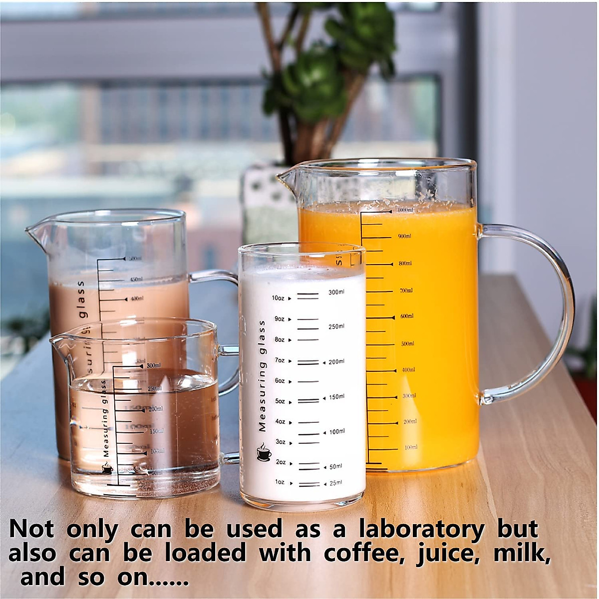 Lab Measuring Glass Beaker Set - Borosilicate Glass Beaker with Handle and gate，4 beakers and 2 Glass Straws， High and Low-Temperature Resistance