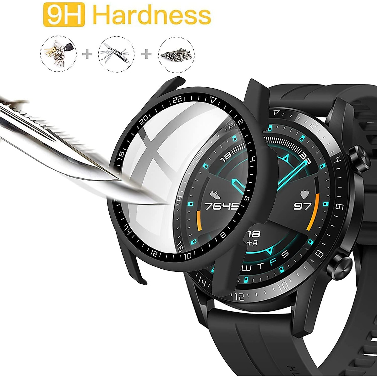 Acadeny [2-Pack] Case with Tempered Glass Screen Protector Compatible for Huawei Watch GT2 46mm, 9H Hardness 360° All-Round Protective Ultra Thin Protective PC Case Cover for - Black Black