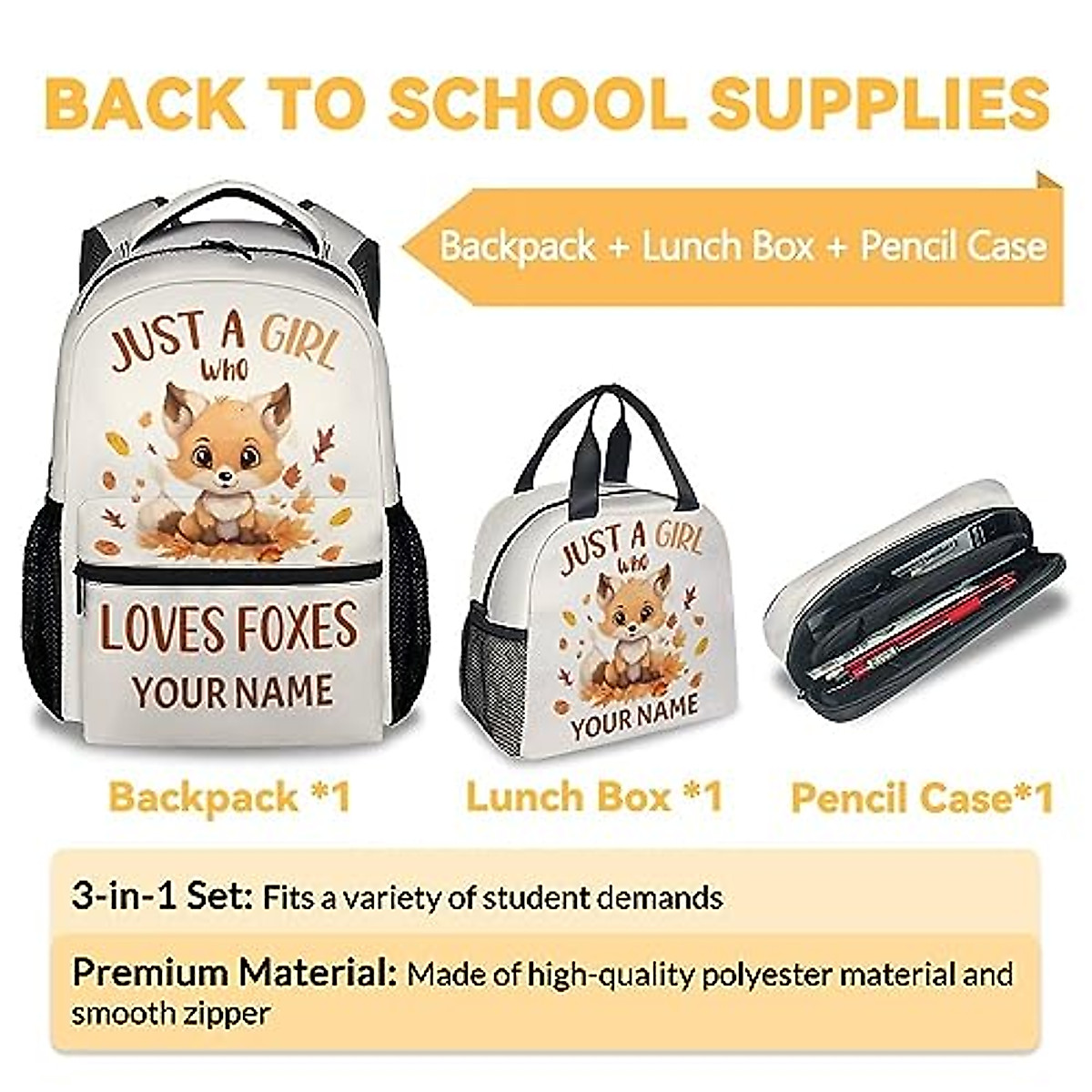 FUZZYFIT Personalized Fox Backpack with Lunch Box Set for Kids, 3 in 1 School Backpacks Matching Combo, Custom Cute Light Orange Bookbag and Pencil Case Bundle