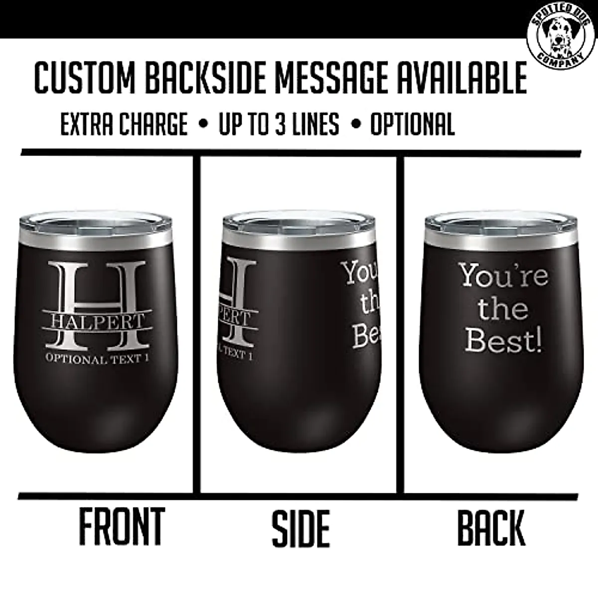 Personalized 12oz (17 Colors) Powder Coated Stainless Steel Stemless Wine Tumbler with Lid, Custom Etched, Customized Gift for Women Her, Wine Lover, Halpert Monogram Initial Name (Black)