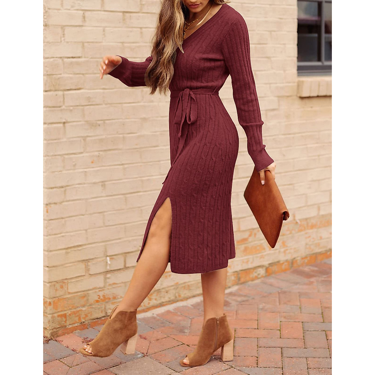 MEROKEETY Women's Long Sleeve V Neck Cable Knit Belted Bodycon Slit Sweater Dress for Party,Burgundy,S