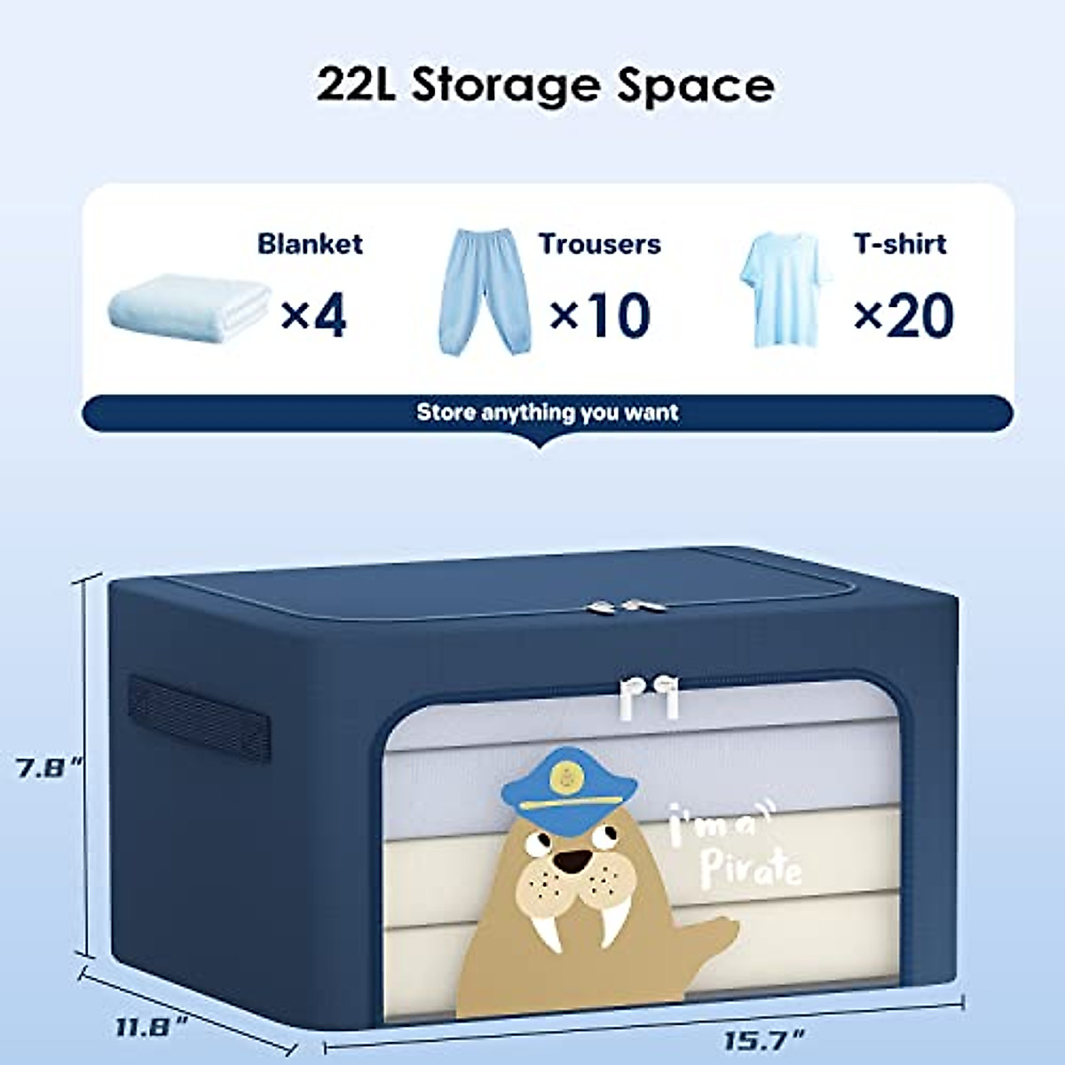 Furnhome Cute Storage Bins, Foldable Toy storage bins-Stackable Stuffed Animal Storage Bins,Lovely Clothes Storage Bins, Sturdy Storage Chest with Zippers & Clear Window & Steel Frame & Carry Handles(Walrus,Small×2).