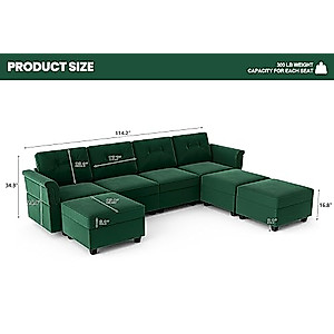 Belandi Modular Sectional Sofa U Shaped Convertible Sofa Couch with Storage, 7-Seat Velvet Modular Sofa with Ottomans, Oversized Sofa Couch with Reversible Chaises for Living Room, Green