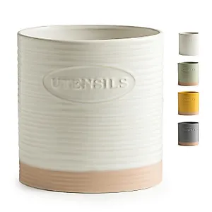 YHOSSEUN Utensil Holder for Kitchen Counter, Oval Utensil Crock Rustic Utensil Organizer for Countertop, 6.7" Ceramic Kitchen Tool Holder Two-tone Finish, Housewarming Cooking Gifts