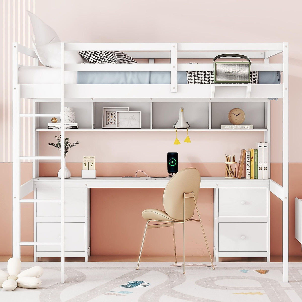 Full Size Loft Bed with Desk and Storage, Wooden Loft Beds Frame with Charging Station, High Loft Beds with 4 Drawers & 4 Shelves & 2 Outlets & 2 USB Port for Kids Teens Adults, White