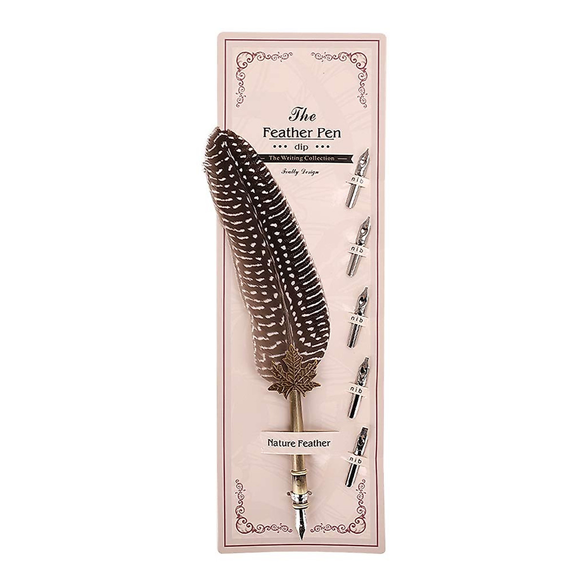 JIAHG Vintage Dip Pen Set, Calligraphy Pen with 5 Replacement Nibs, Handmade Quill Feather Pen for Writing, Drawing, Ideal Gifts for Special Occasions