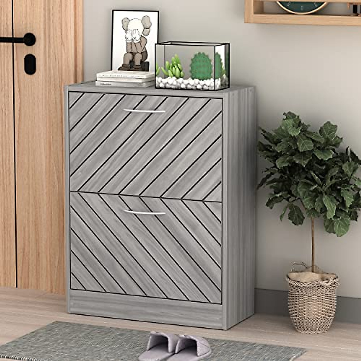 Homsee Modern Shoe Storage Cabinet with 2 Flip Drawers & Twill Louver Doors, Wood 2-Tier Shoe Rack Storage Organizer for Entryway, Hallway & Bedroom, Grey (22.4”L x 9.4”W x 29.5”H)