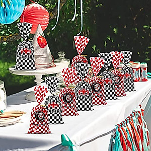 100 Pack Racing Car Candy Bags Car Favor Cellophane Bags Black and White Race Car Treat Bags Checkered Soccer Theme Goodie Bags with 100 Gold Twist Ties for Race Themed Birthday Party Supplies