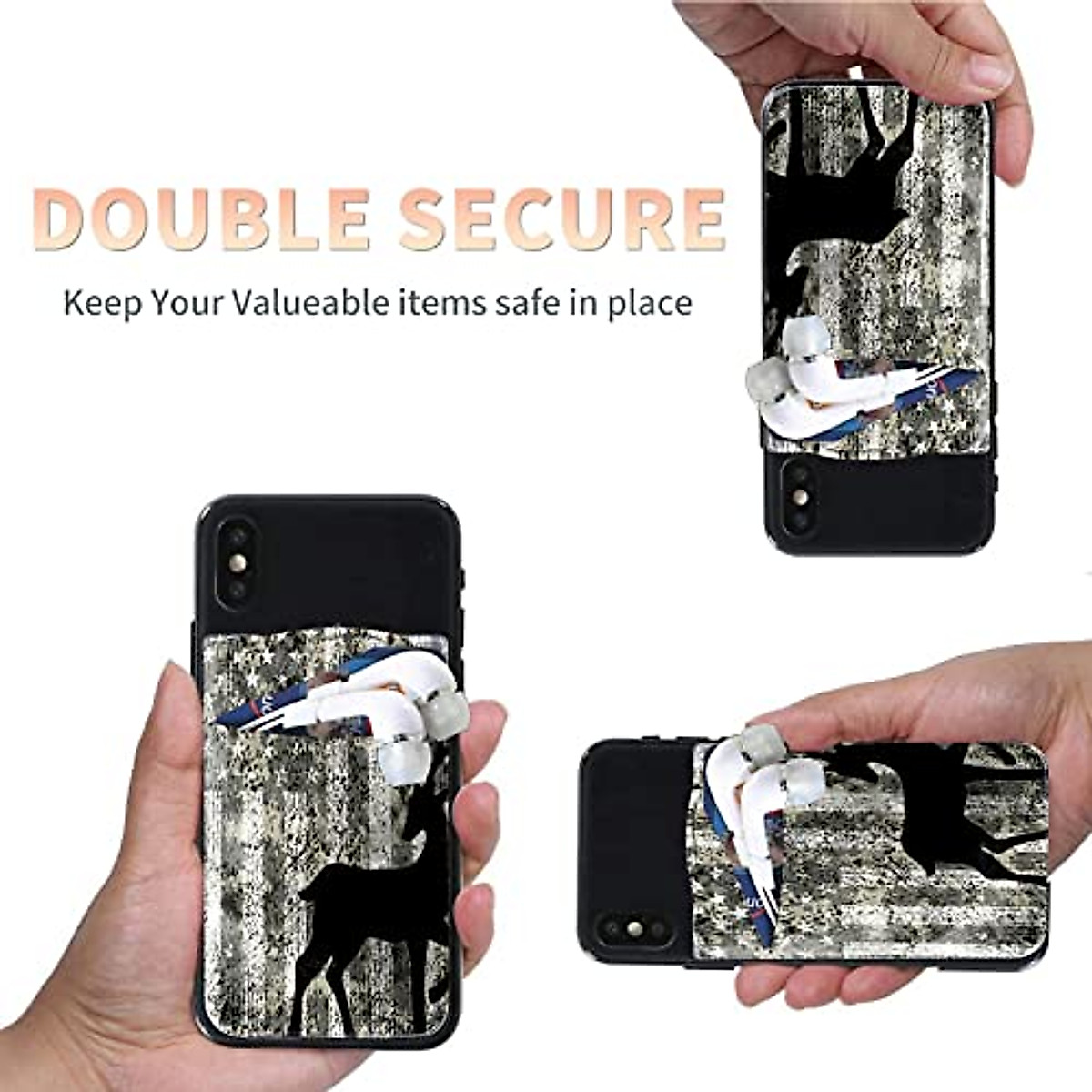 Cell Phone Adhesive Stick On Wallet Sleeve Double Pocket Lycra Credit ID Card Holder Pouch Little Wallet Retro Flag Deer Design for iPhone ipad Samsung Galaxy Android Smartphones