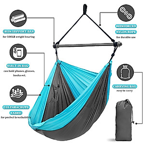 Hammock Chair, Portable Large Hanging Rope Swing - Lightweight Nylon Parachute -Max 500 Lbs - Detachable Metal Support Bar Hammock Chair Swing for Outdoor, Indoor, Camping, Beach (Grey & Sky Blue)
