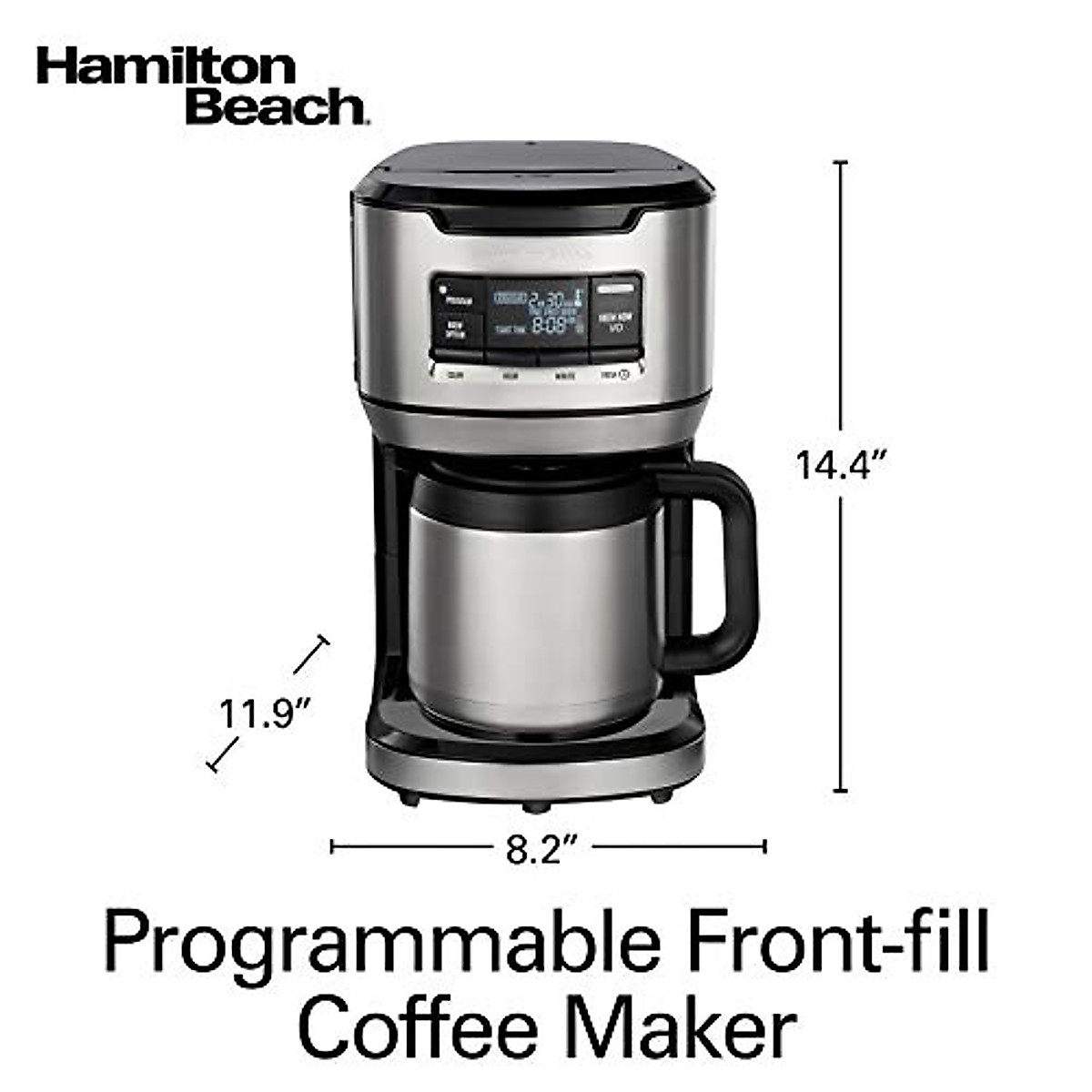 Hamilton Beach 12 Cup Programmable Front-Fill Drip Coffee Maker with Thermal Carafe, Auto Shutoff, 3 Brew Options, Black and Stainless Steel (46391)