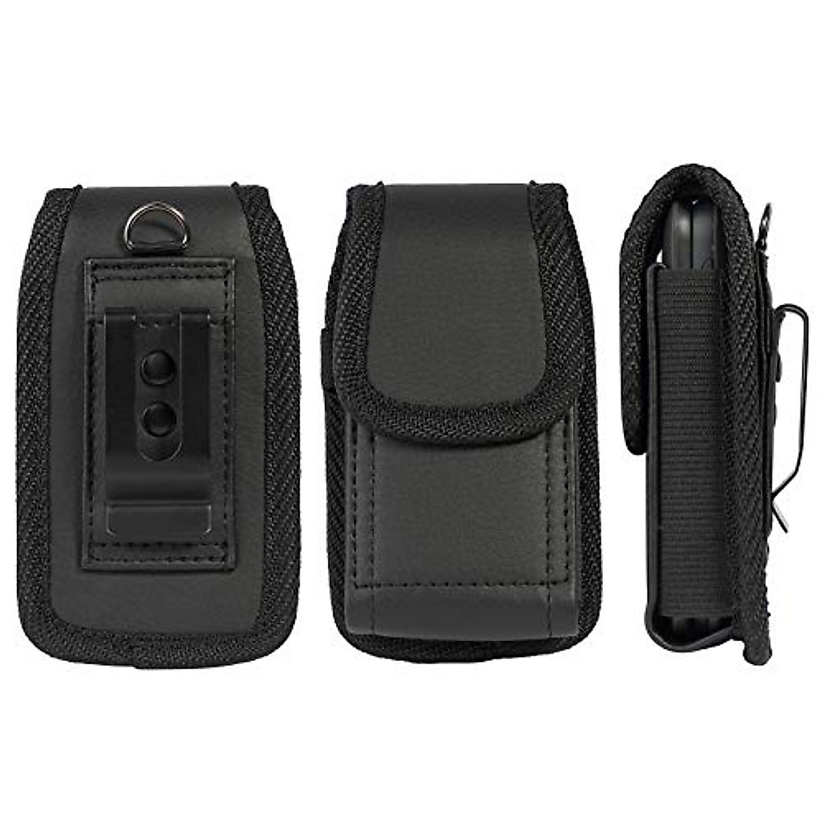 Flip Phone Case, Nakedcellphone Black Vegan Leather Vertical Pouch [with Belt Loop, Metal Clip, Magnetic Closure] for Alcatel Go Flip V, MyFlip, TCL Flip Pro Classic, Cingular Flip 4, Nokia 2720 2760