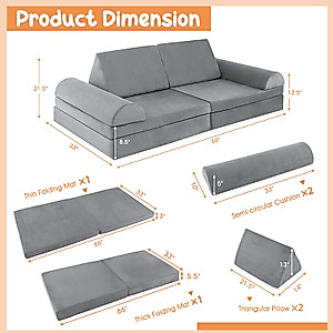 Costzon Kids Play Couch Sofa, Large Modular Folding Sofa Building Fort Playset with Handle, Machine-Washable Cover, Convertible Foam Cushion for Playroom Bedroom Boys Girls Gifts (8-Piece, Gray)