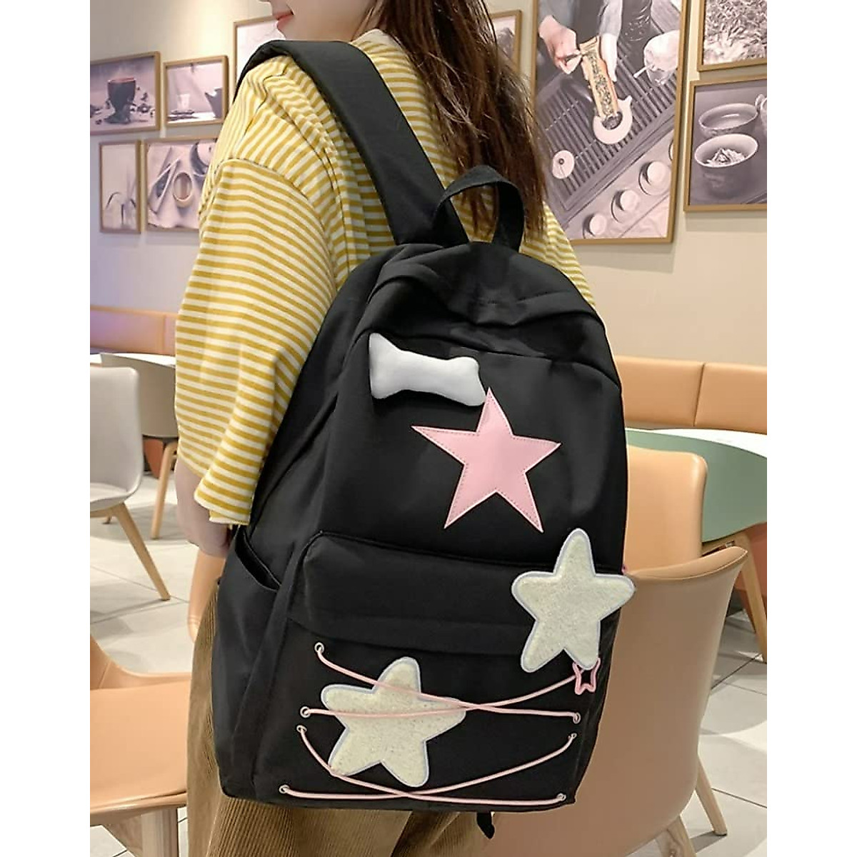 MININAI Preppy Backpack Cute Stars Pattern Korean Style Backpack Aesthetic College Backpack for Work Travel (One Size,Black)