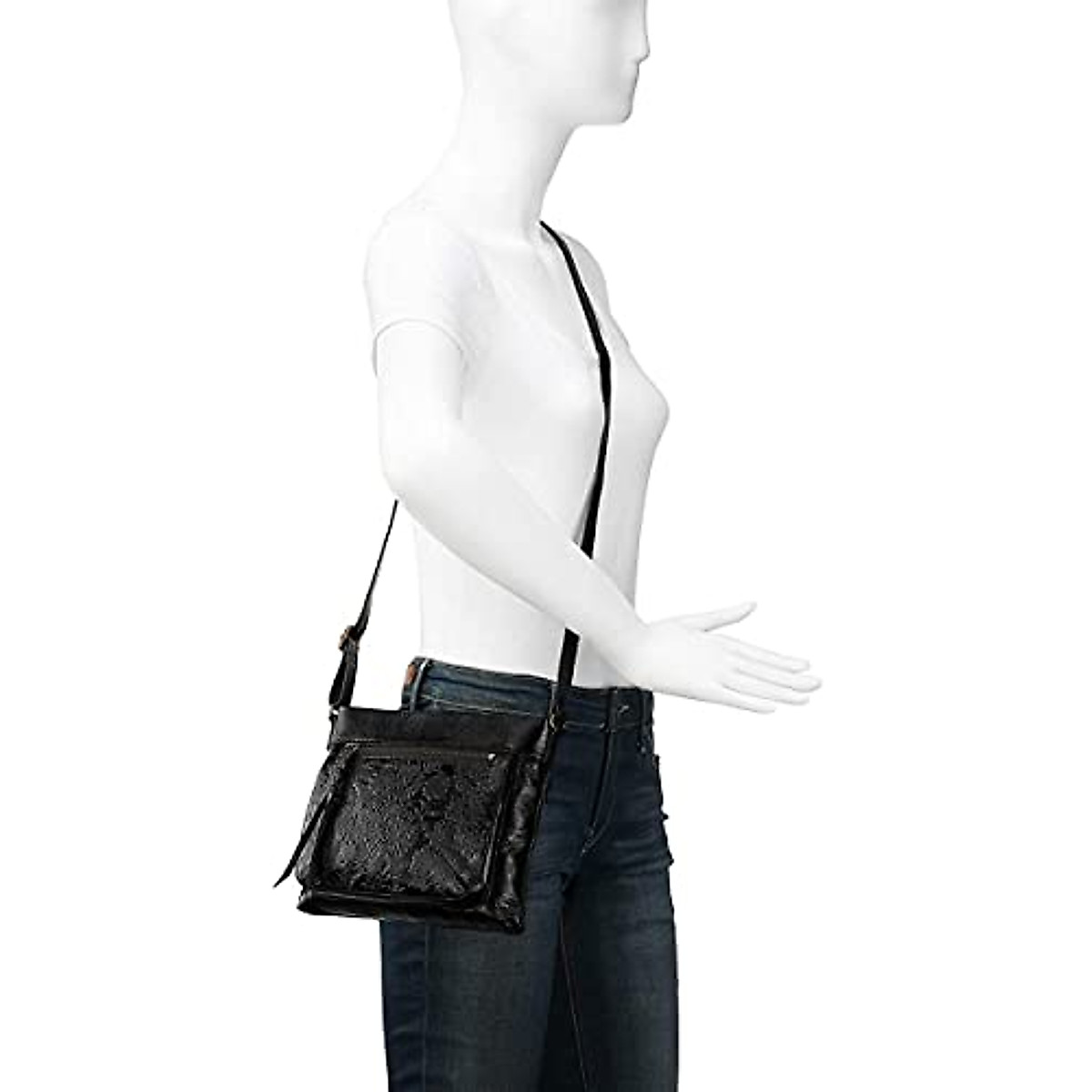 The Sak Sanibel Leather Mini Crossbody, Black Floral Embossed