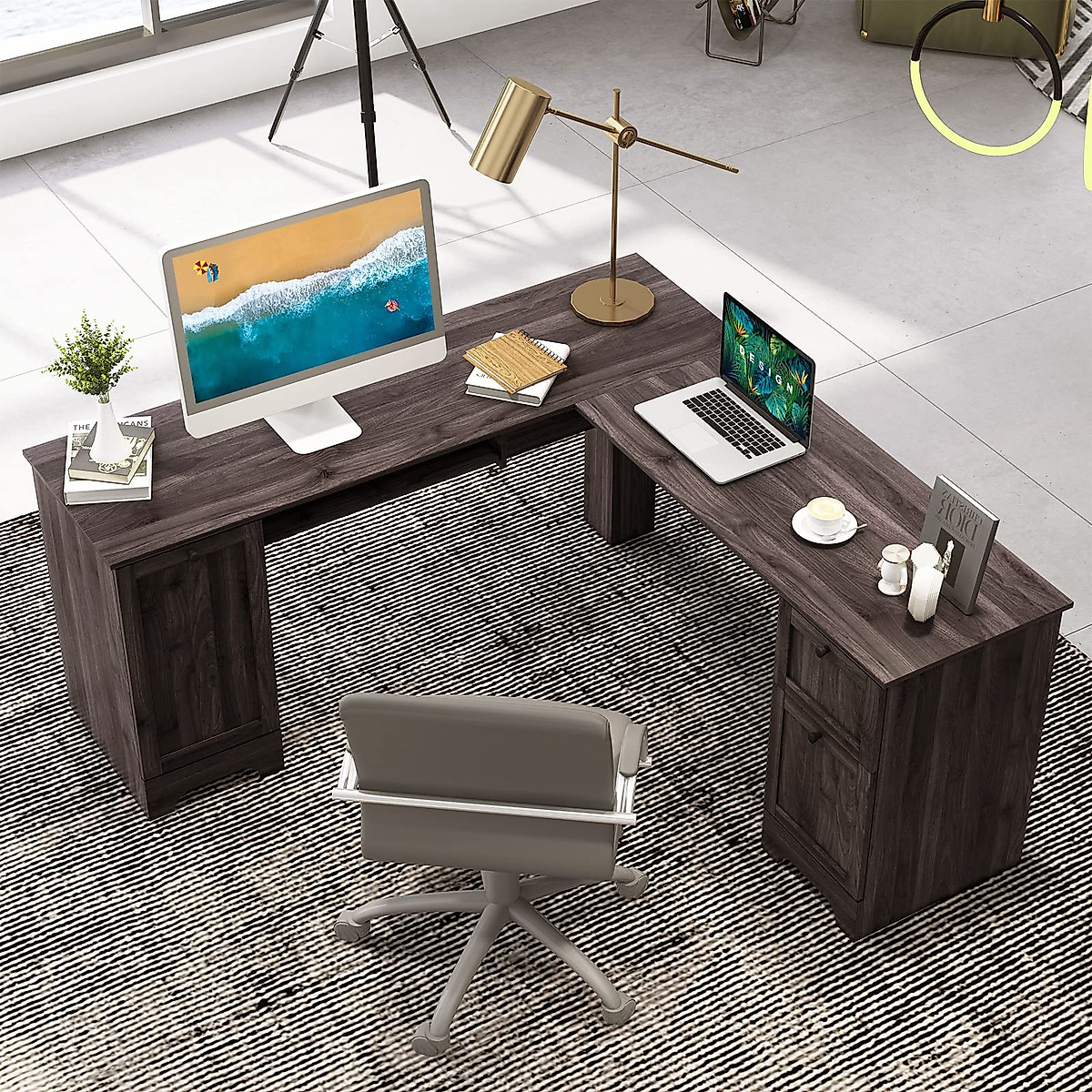 Tangkula L-Shaped Office Desk with Storage Drawers & Keyboard Tray, Home Office Corner Computer Desk with Cabinet & Inner Adjustable Shelf, Space-Saving Study Writing Desk, Computer Workstation