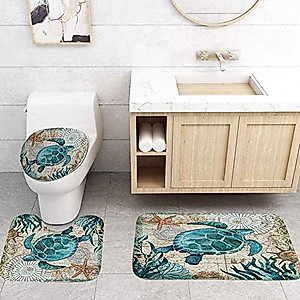 Nautical 5 Pcs Sea Turtle Shower Curtain Set with Rugs and Towels Include Non-Slip Rugs, Toilet Lid Cover and Bath Mat Ocean Waterproof Shower Curtain Sets with 12 Hooks