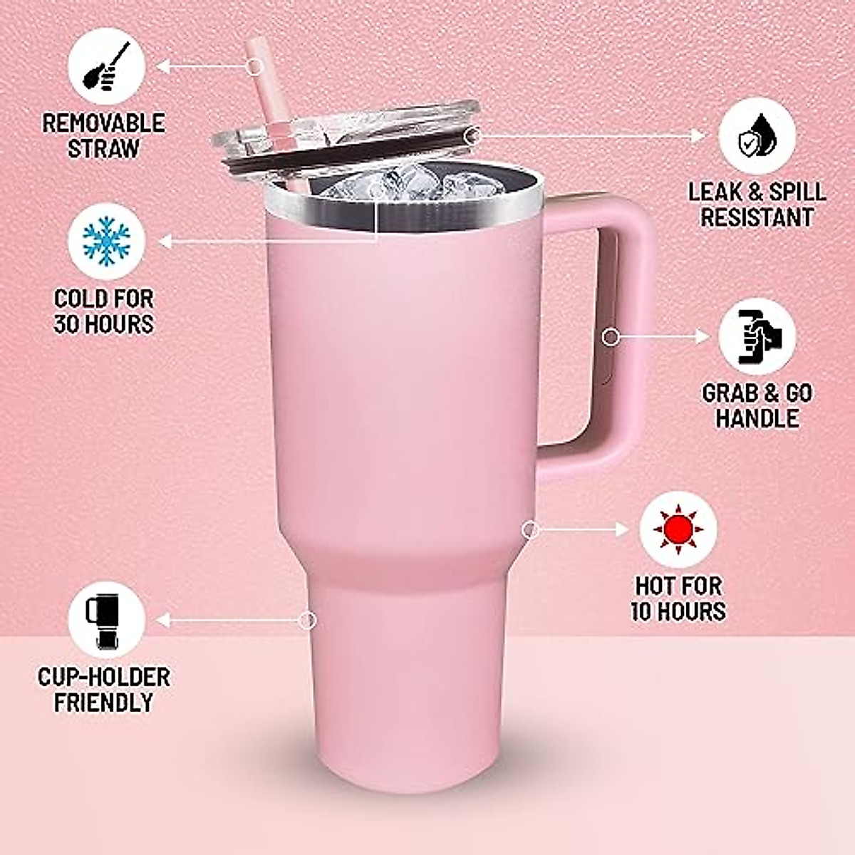 Crave Cups 40oz Tumbler With Handle And Straw l Insulated Stainless Steel Double Wall Spill Proof Water Bottle Travel Mug l Cupholder Friendly Vacuum Sealed Tumblers With Lid (Dusty Pink)