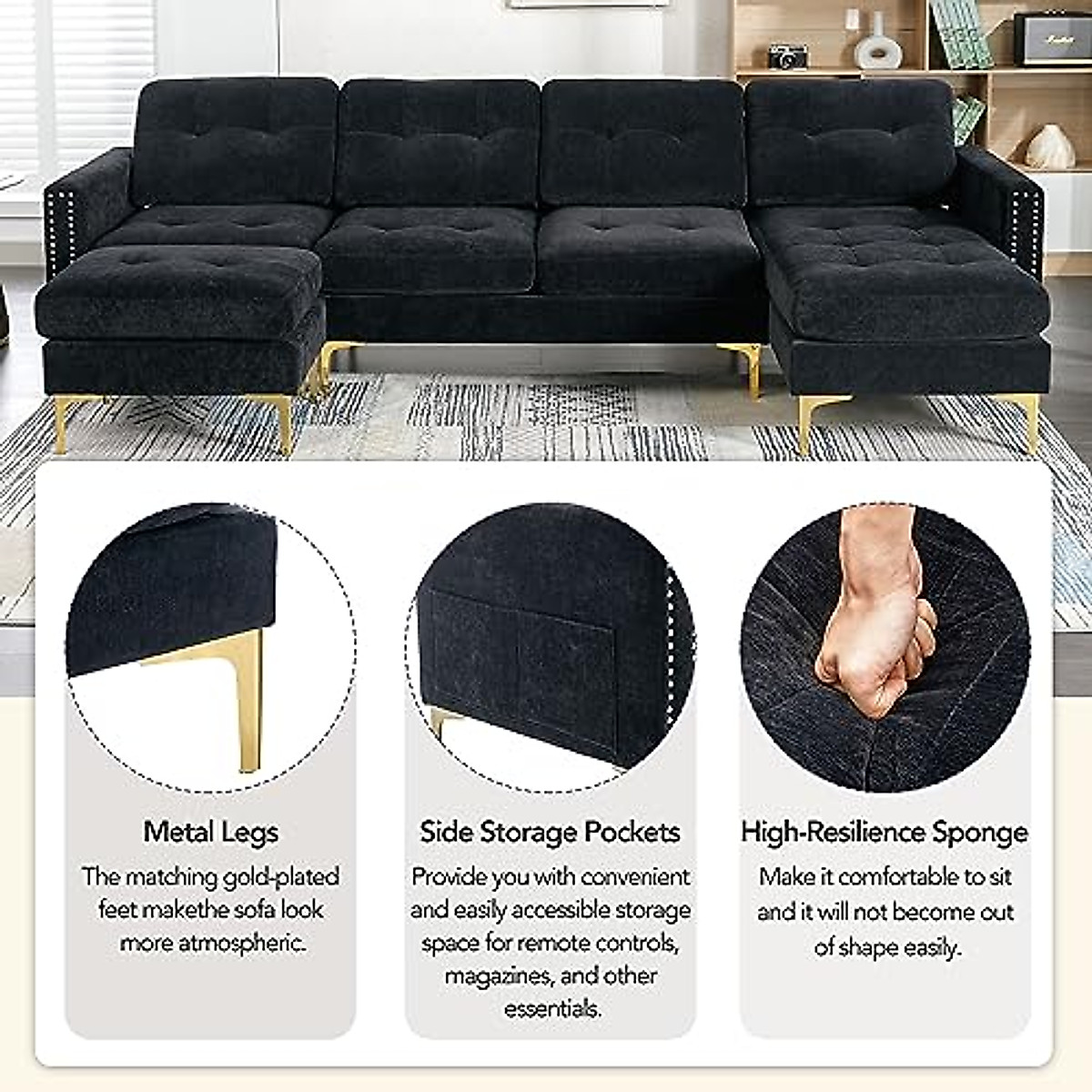 110" U-Shaped Sectional Sofa with Reversible Chaise and Movable Ottoman, 5-Seater Convertible Corner Couch with Side Pockets and Nail Head, Modern Comfy Sofa for Home Office Apartment (Black-021)