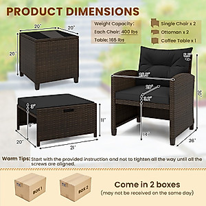 ORALNER 5 Pieces Patio Furniture Set with Ottoman, Wicker Conversation Set w/Cushions, Glass Coffee Table, Outdoor Rattan Lounger Chairs Bistro Set for Porch Balcony Garden Deck Poolside (Black)