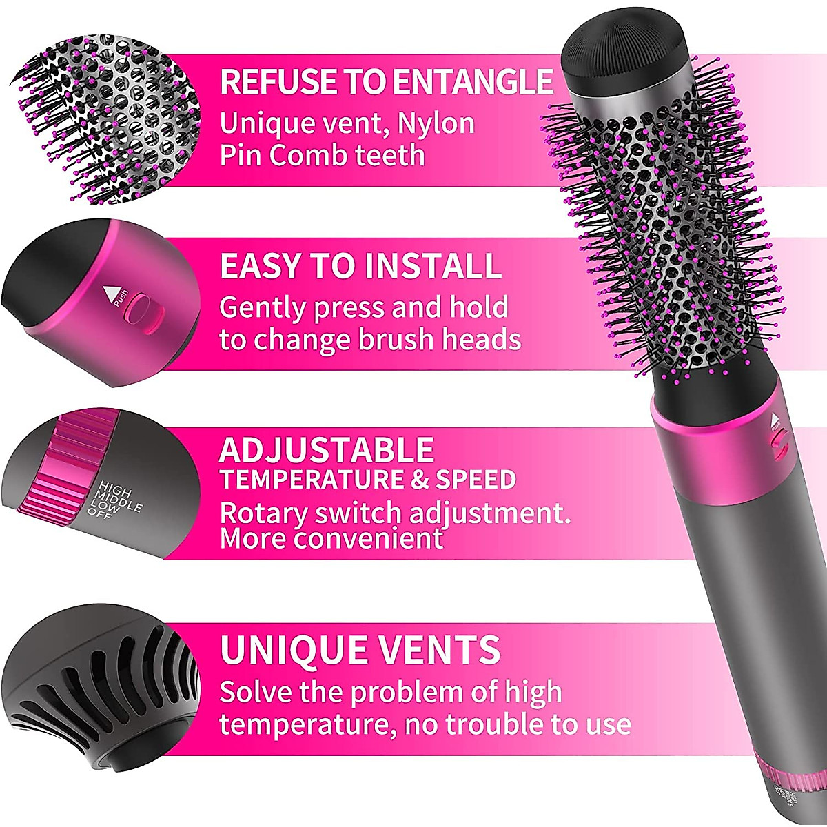 Hot Air Brush Hair Dryer Brush - 5 in 1 Hair Dryer Hot Air Brush Styler Blow Dryer Brush in One,Negative ​Ion/1200W/3 Temp/,One Step Hair Dryer and Styler for Straightening/Curling/Volumizer (Black)