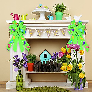 Easter Wreath Bows, Green Spots Rabbits Burlap Easter Bows for Wreaths - Large Easter Ribbon Bows for Easter Day Home Garden Indoor Outdoor Decoration Wreath Ornament Supplies