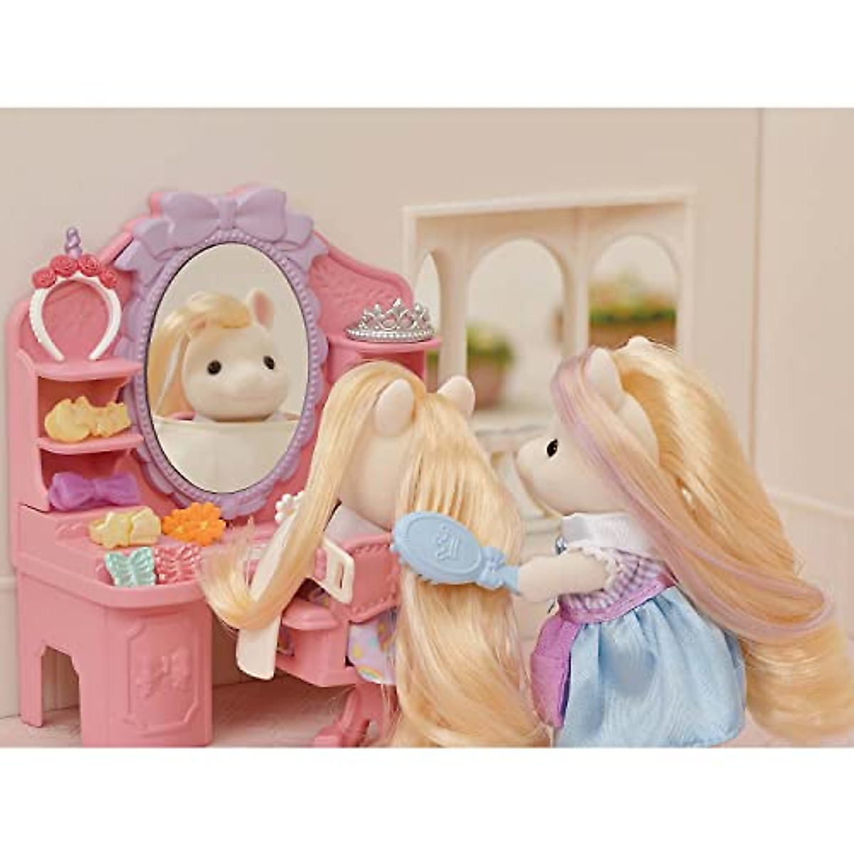 Calico Critters Pony's Stylish Hair Salon - 2-Story Salon Playset w/ Poseable Figure & 40+ Hair Styling Accessories for Ages 3+