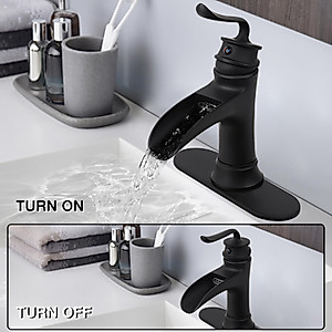 M OUDEMEI Solid Brass Waterfall Spout Bathroom Sink Faucet, Single Handle Lavatory Faucet with Deck Plate for 1 OR 3 Hole, 4 Inch Centerset Vanity Faucet (with Drain, Matte Black)