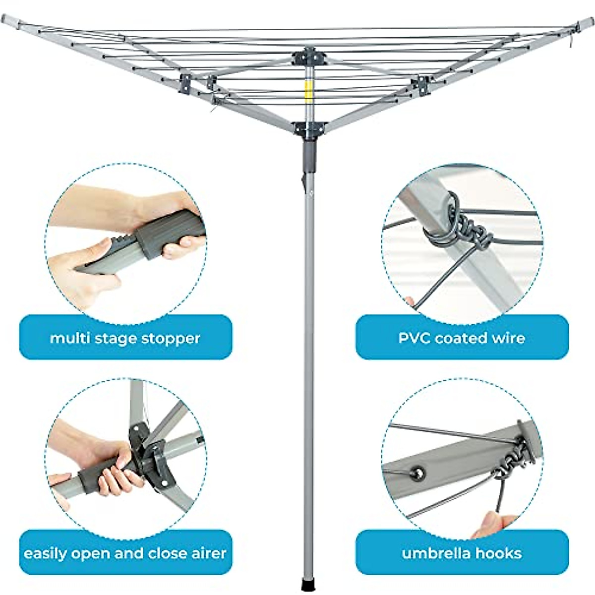 Bizvalue Collapsible 4-arm Rotary Outdoor Umbrella Drying Rack Clothes Dryer Clothesline with 131ft Drying Space