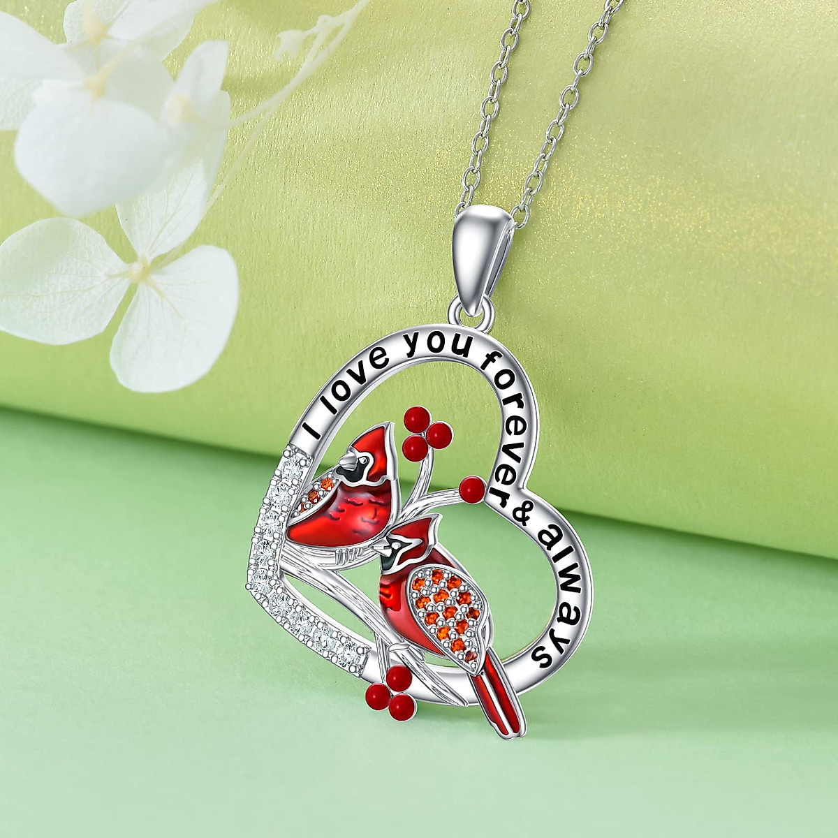LONAGO Red Cardinal Necklace Sterling Silver Two Cardinals Heart Necklace Present for Women