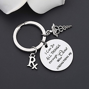 LQRI Rx Pharmacist Pharmacy Keychain Rx Symbol Rx Gift I Can Do All Things Through Christ Who Strengthens Me Keychain Pharmacy Technician Gift Rx Graduation Gift (sliver)