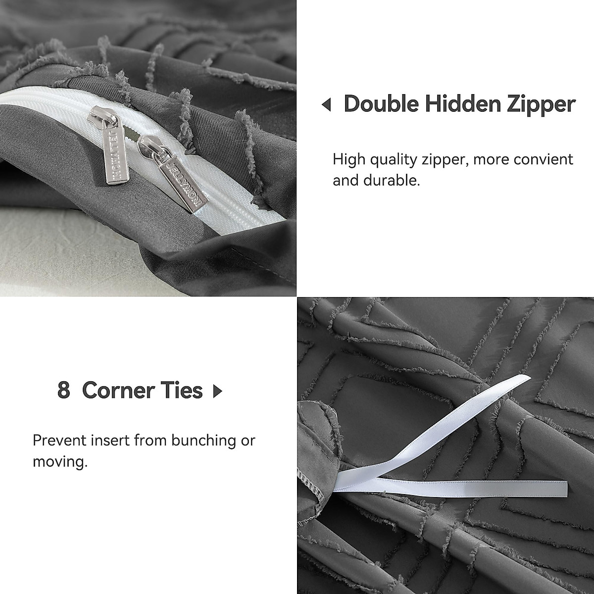 JELLYMONI Dark Grey Duvet Cover Queen Size - 3 PCS Microfiber Tufted Duvet Cover Set, Boho Textured Duvet Cover Jacquard Rhombus Geometric Pattern Duvet Cover with Corner Ties & Zipper Closure