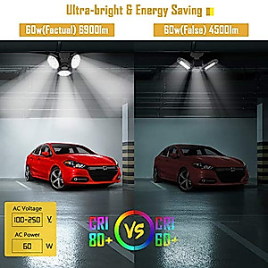 JACKYLED Ultra-Bright LED Garage Light 60W High Brightness 6900LM CRI80 Deformable Trilights Garage Lights Adjustable Light with 3 Panel Shop Light for Garage Basement Warehouse