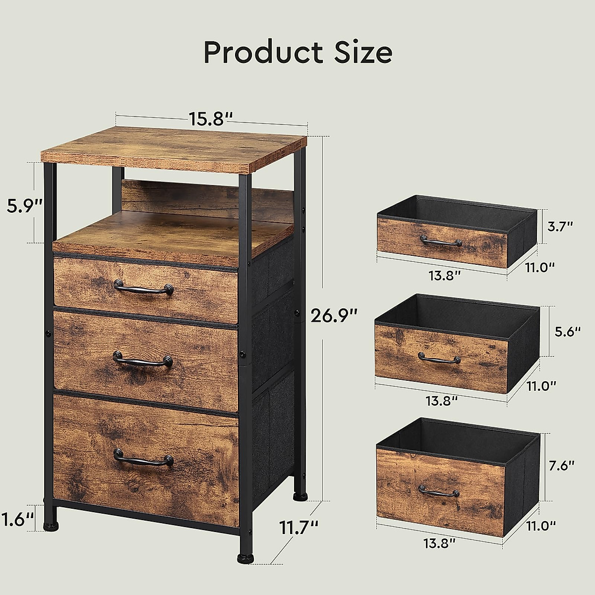YeTom Nightstand, Bedside Table with 3 Fabric Drawers, Side Table with Open Shelf, End Table with Steel Frame,3 Drawer Dresser for Bedroom, Entryway, College Dorm, Easy Assembly,Brown